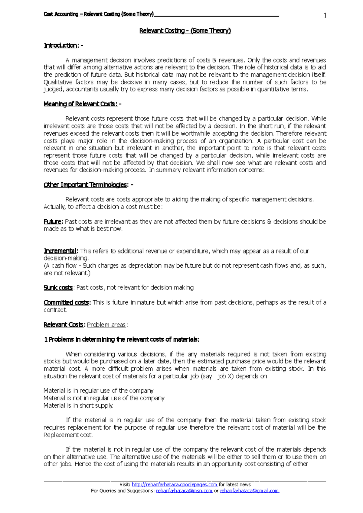 Relevent costing - Cost Accounting – Relevant Costing (Some - Studocu
