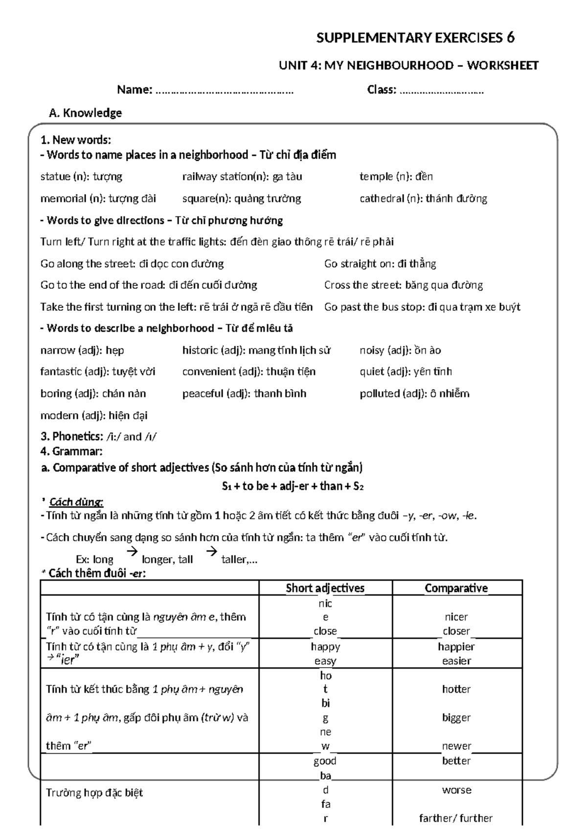 08.Grade 6 - Unit 4 - Worksheet - SUPPLEMENTARY EXERCISES 6 UNIT 4: MY ...