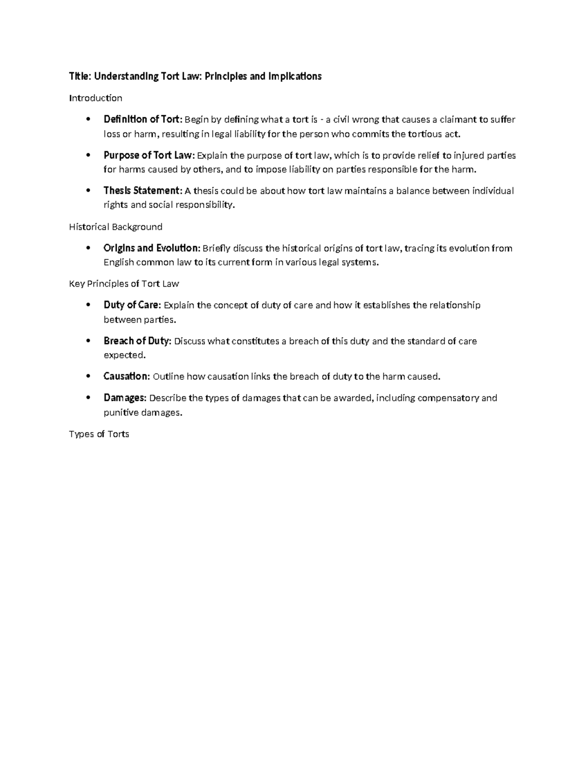 Tort essay - Title: Understanding Tort Law: Principles and Implications ...