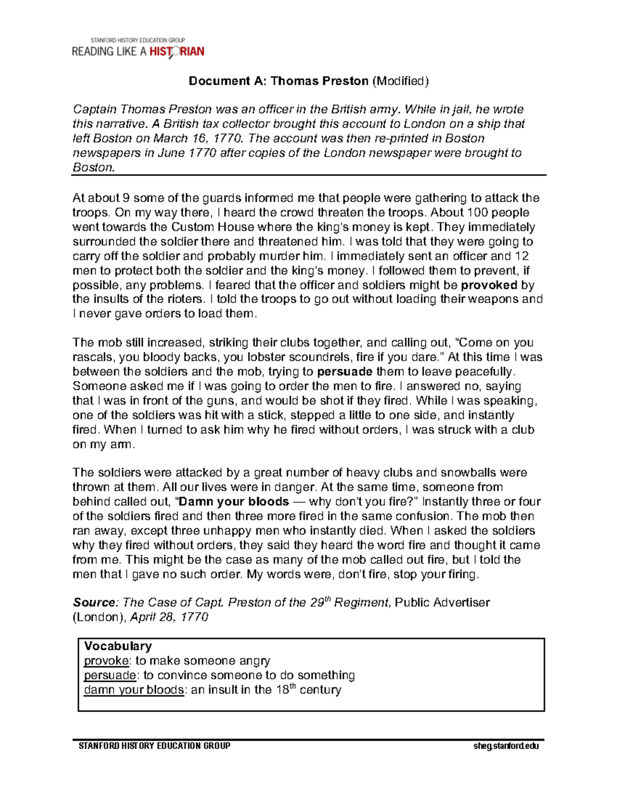 Boston Massacre Student Materials - Document A: Thomas Preston ...