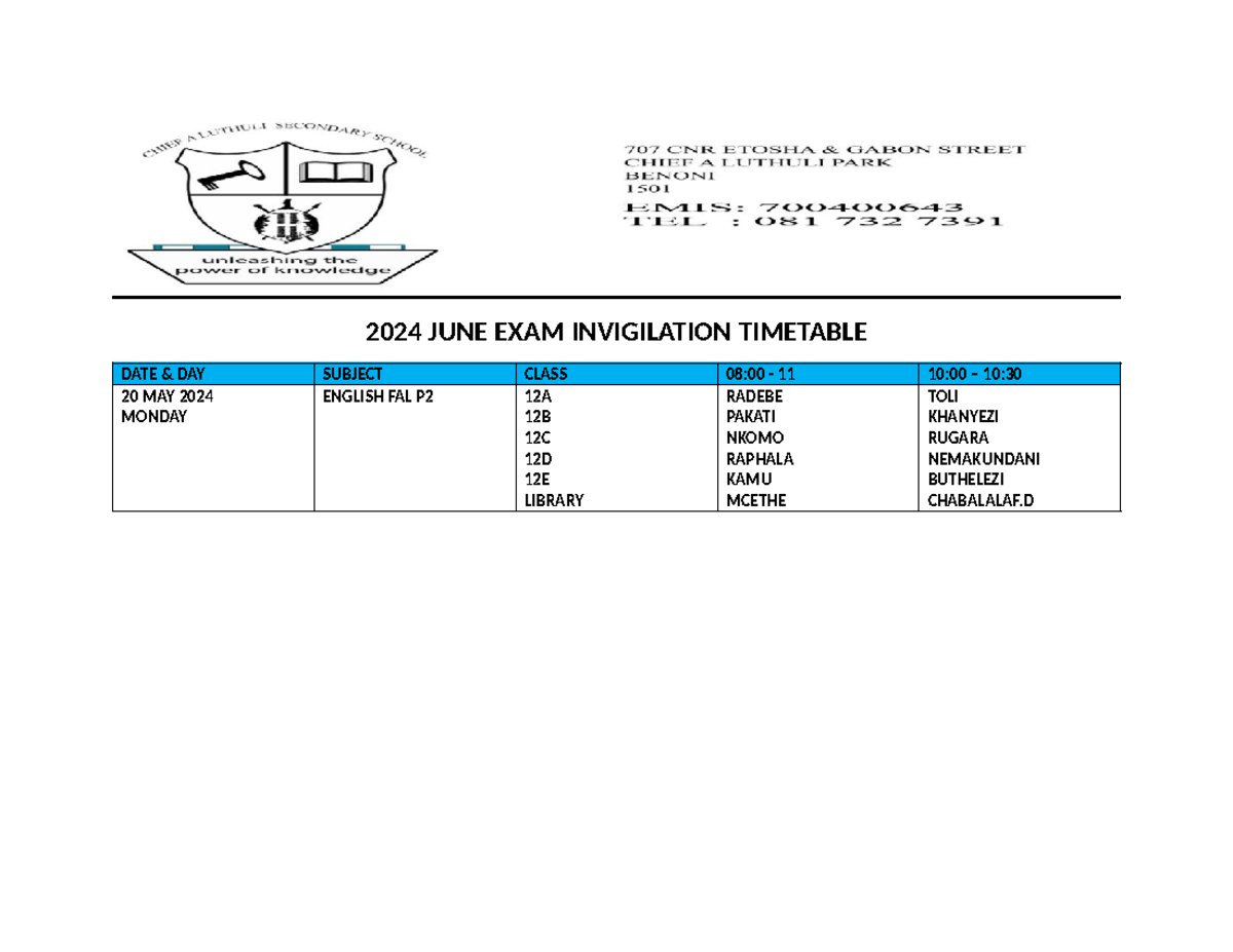 2024 JUNE EXAM Invigilation Timetable - 98312 - 2024 JUNE EXAM ...