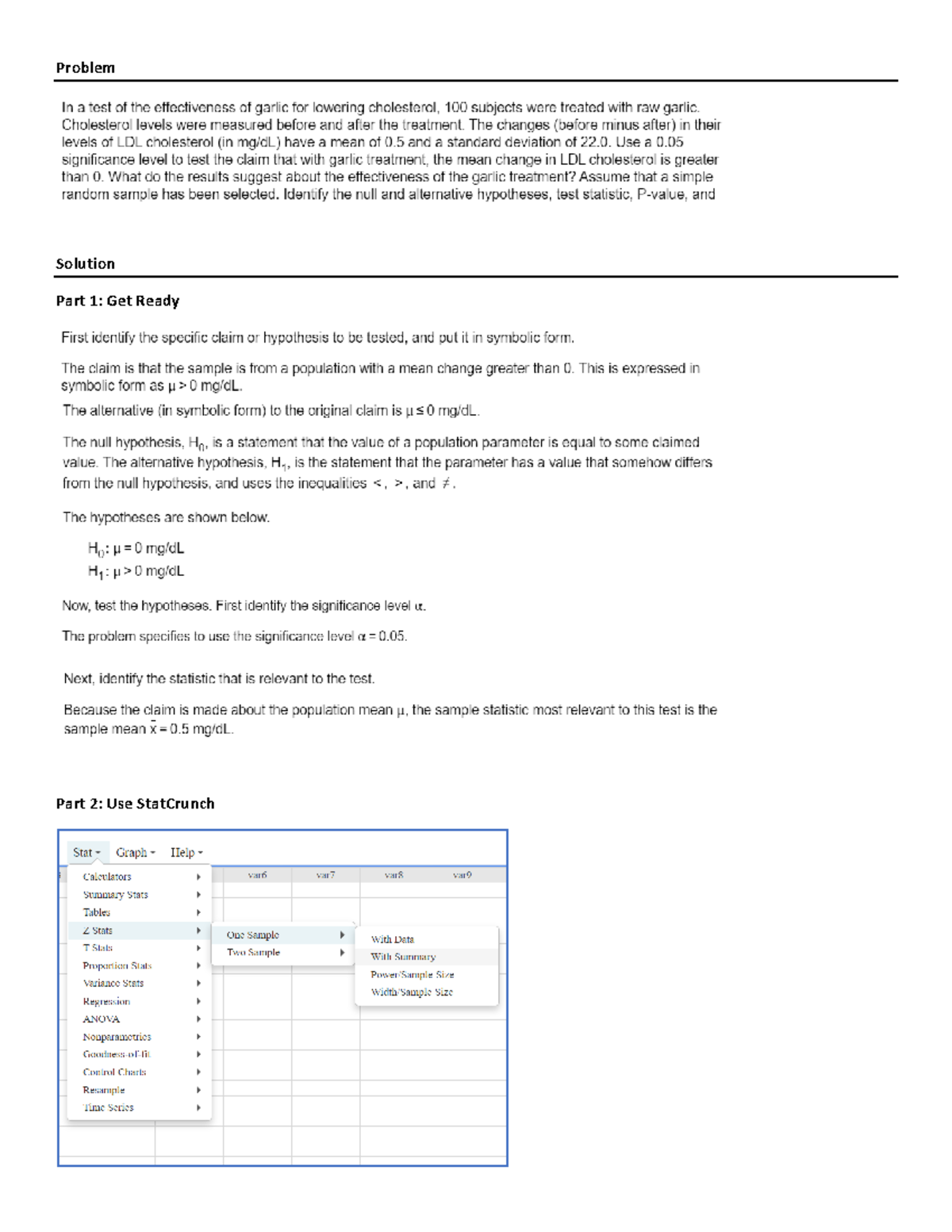 1 Mean Hypothesis Test Example - Statcrunch - MATH 1025 - Problem ...