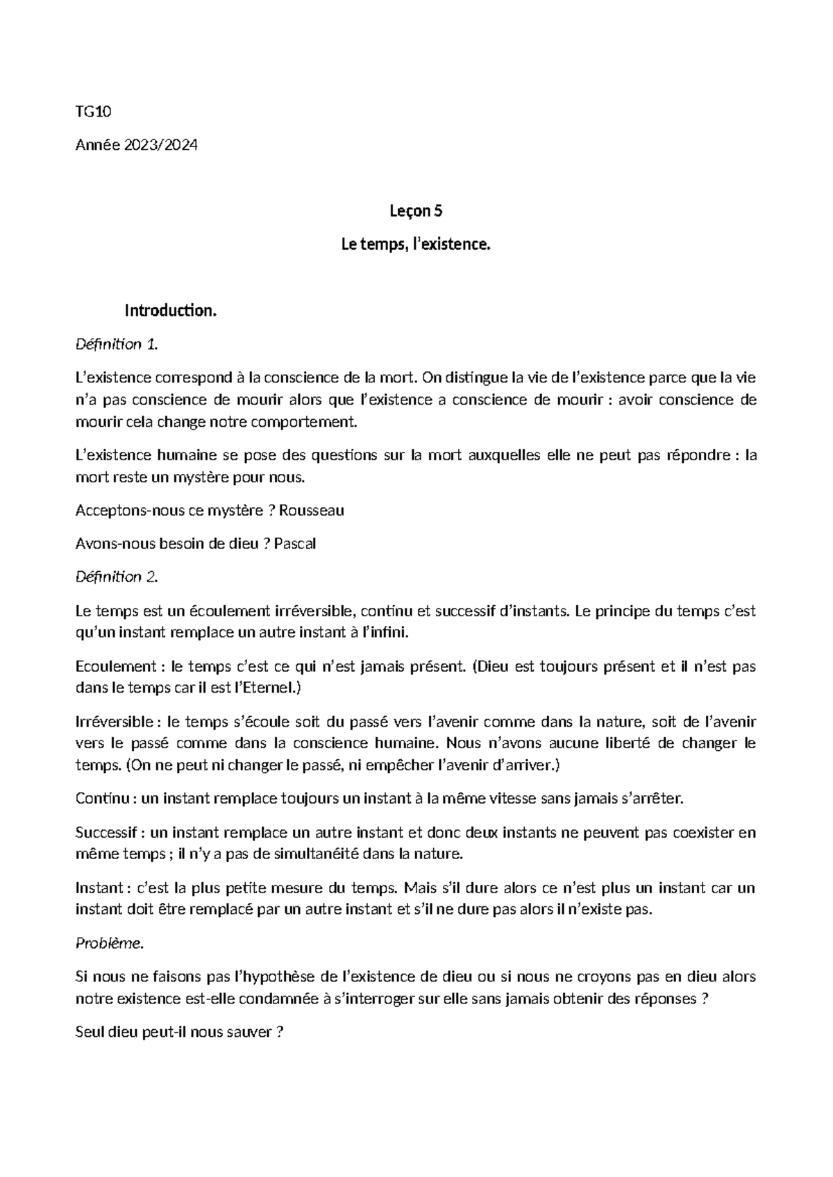 Lecon 1 a 5 phillo - TG Année 2023/ Leçon 5 Le temps, l’existence ...