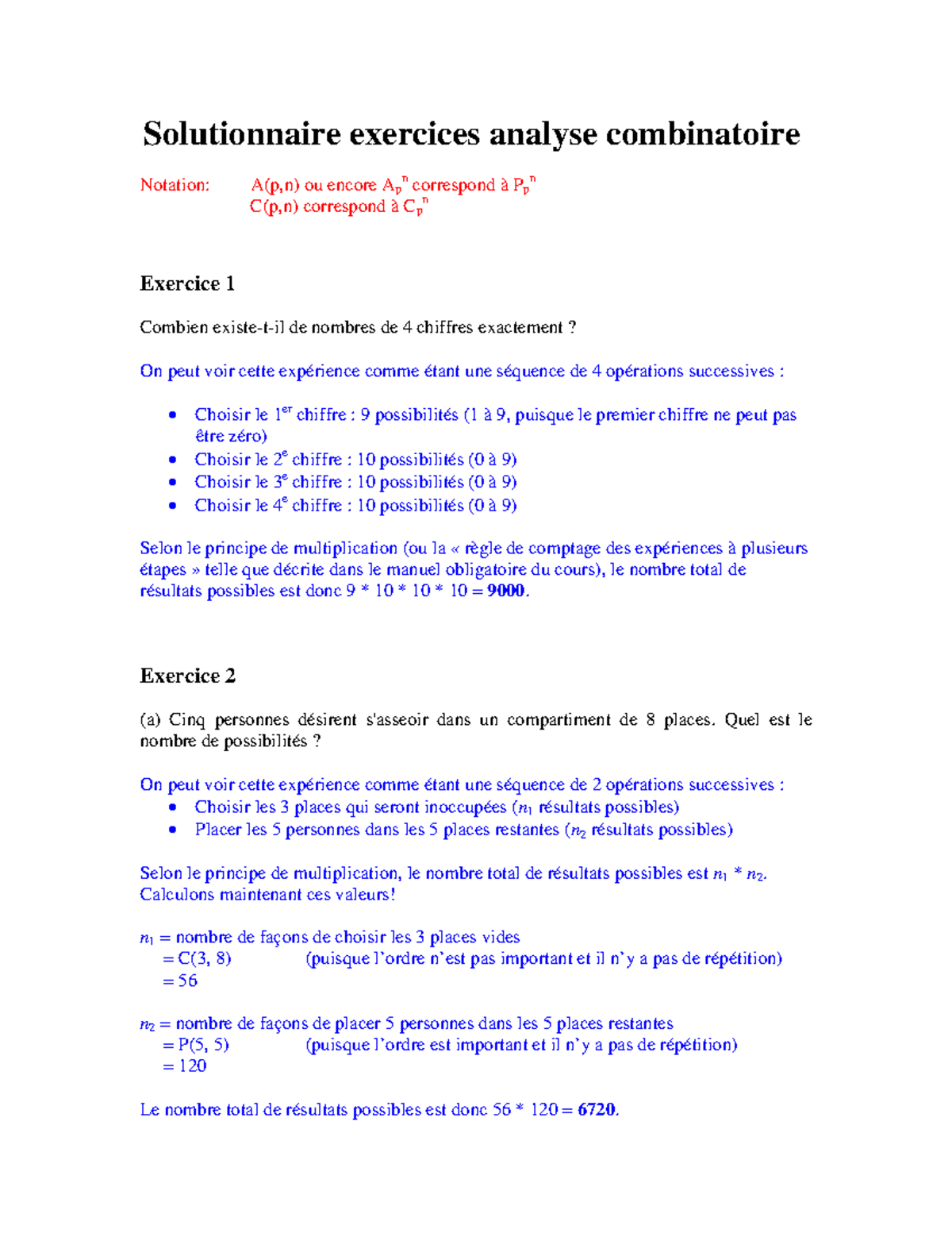 Sol - 4a - Combinatoire 2 - Solutionnaire exercices analyse combinatoire Notation: A(p,n) ou ...