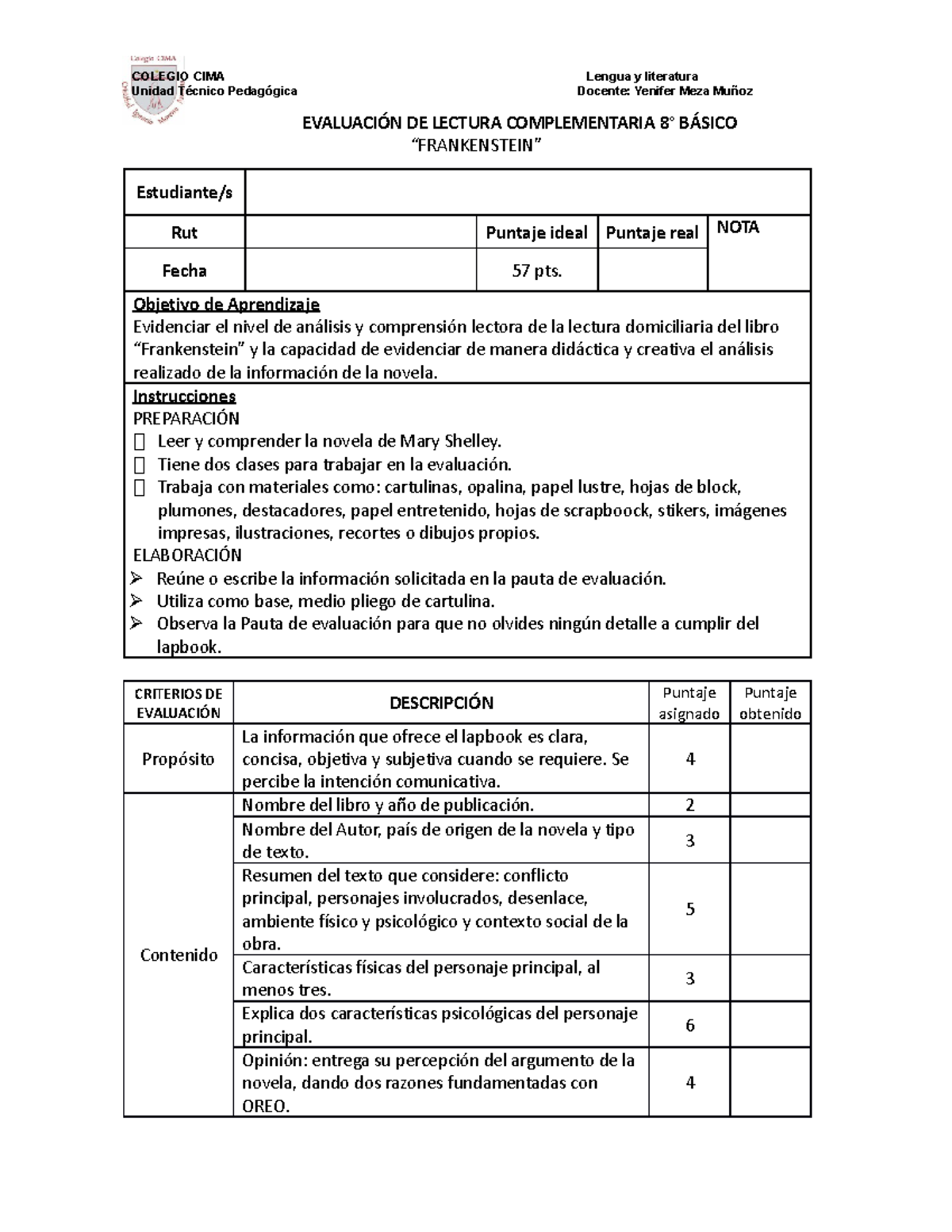 8° Lapbook Frankenstein - COLEGIO CIMA Lengua y literatura Unidad ...