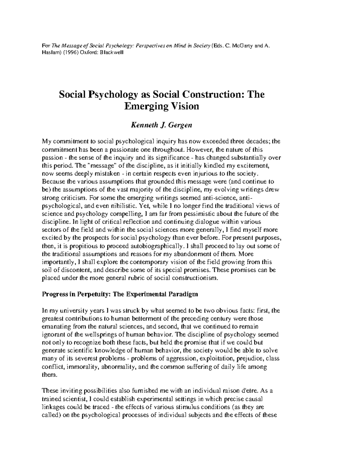 Social Psychology as Social Construction The Emerging Vision - For The ...