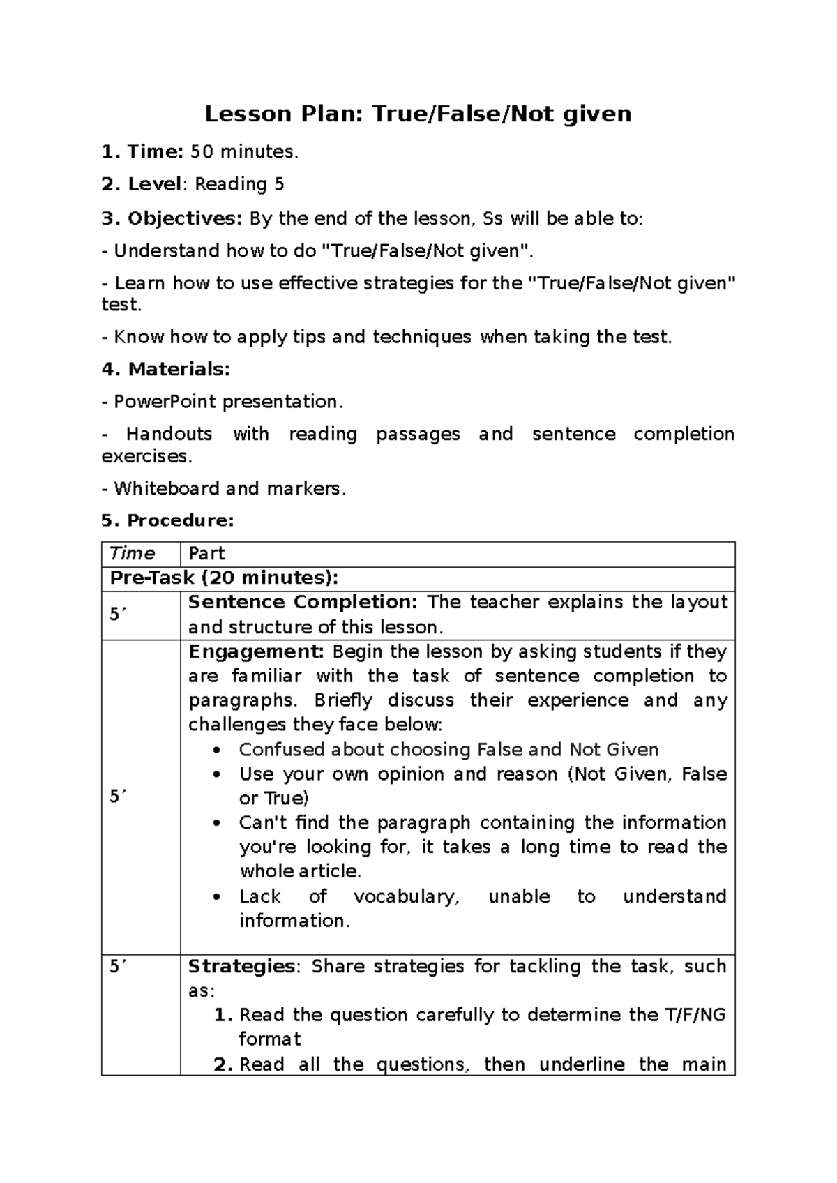 Lesson Plan True False Notgiven group 9 - Lesson Plan: True/False/Not ...