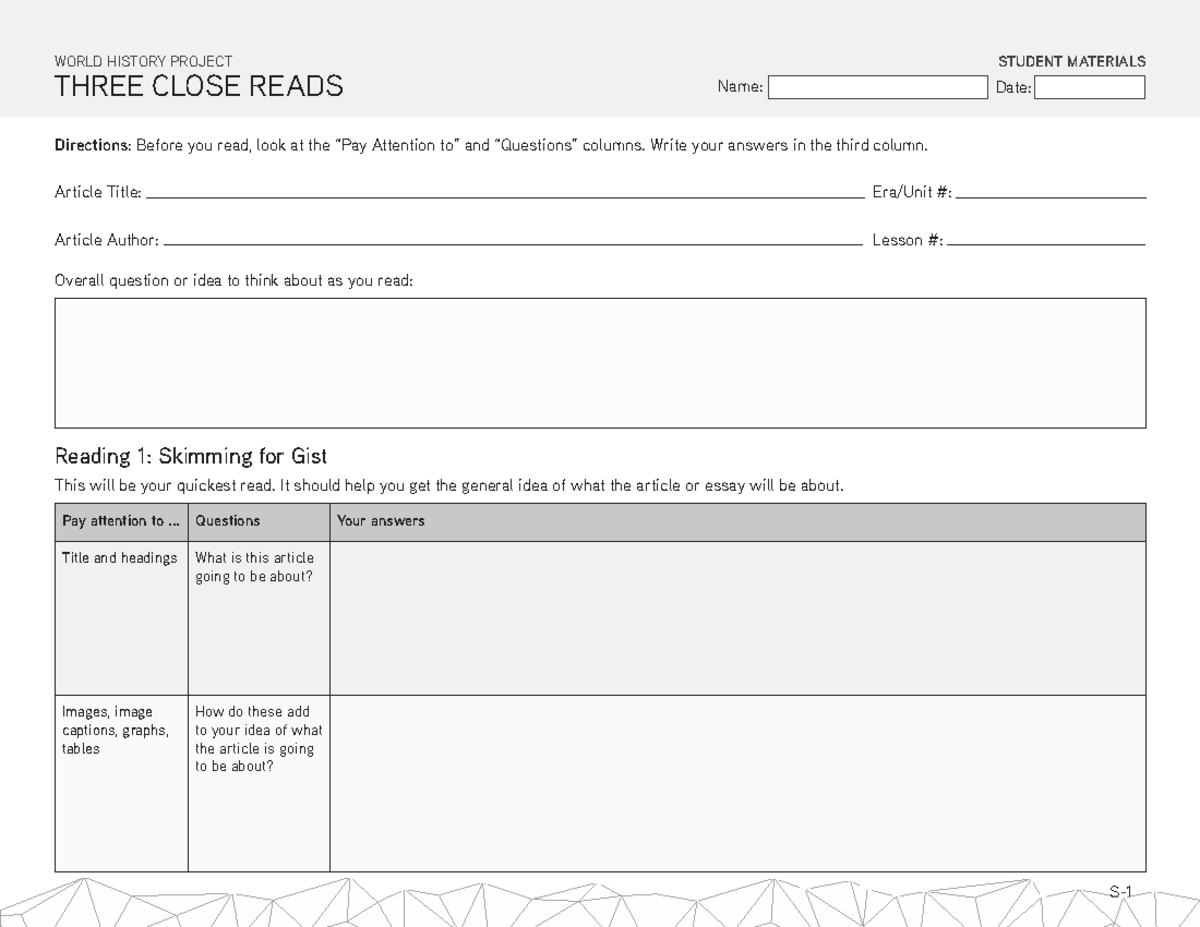 WHP Three Close Reads - Name:Name: Date:Date: THREE CLOSE READS ...