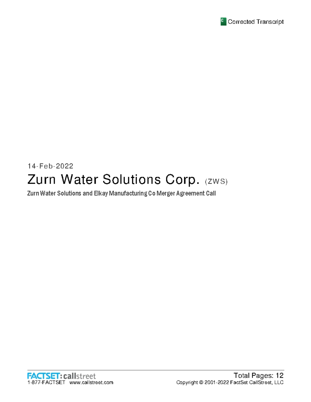 Corrected Transcript Zurn Water Solutions Corp.(ZWS-US), Zurn Water ...