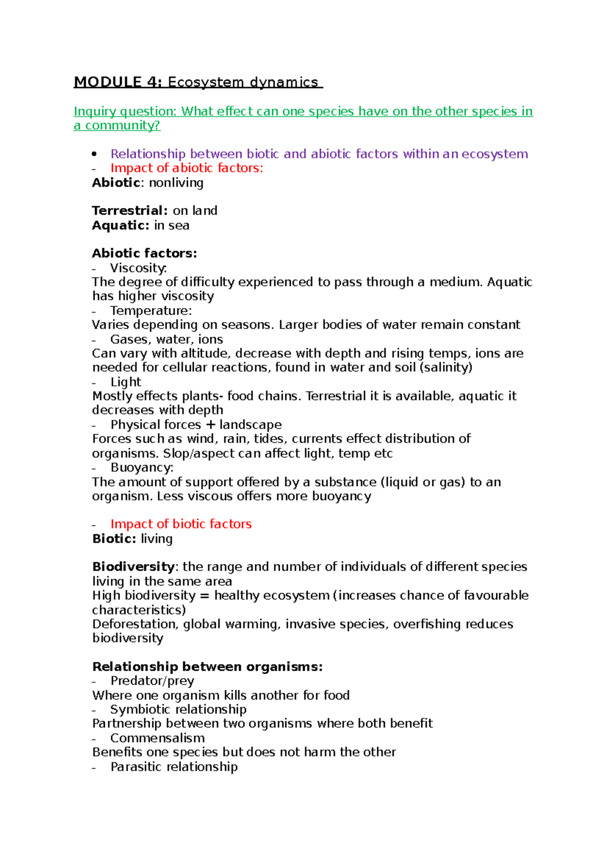 MOD 4 BIO Notes - MODULE 4: Ecosystem dynamics Inquiry question: What ...