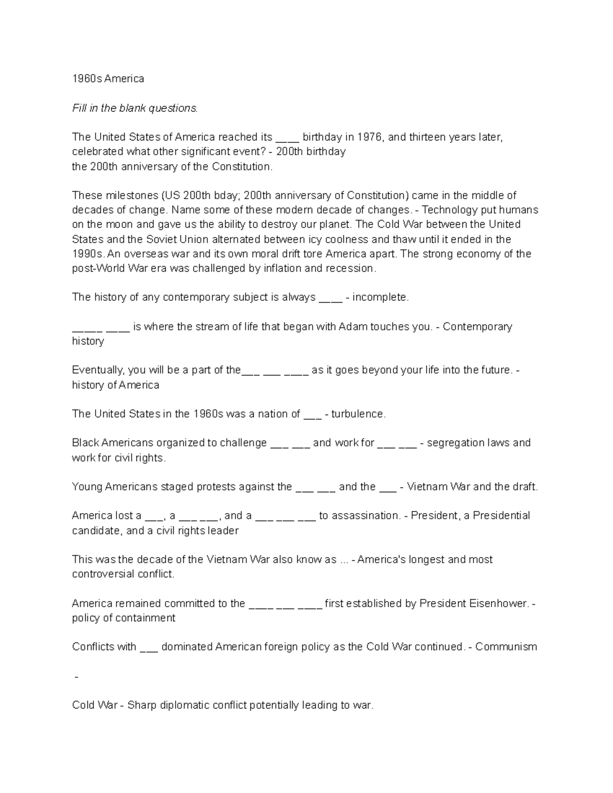 1960s America - notes - 1960s America Fill in the blank questions. The ...