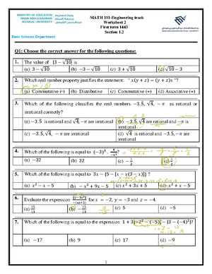 Worksheet 4 sec1 - Practice questions - 1 MATH 111-Engineering track ...
