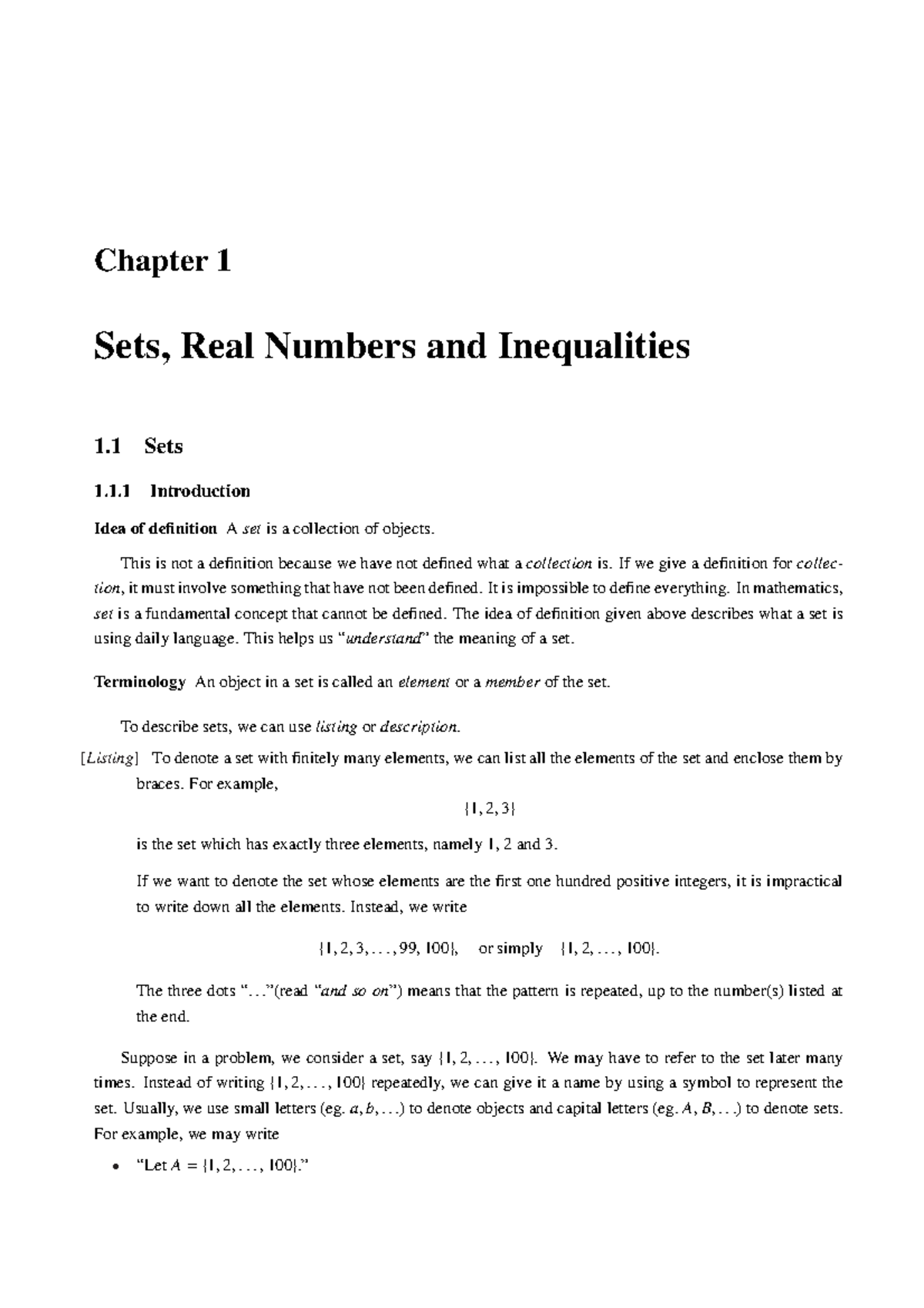 Set theory review - C vhhhh - Chapter 1 Sets, Real Numbers and Inequalities 1 Sets 1.1 ...