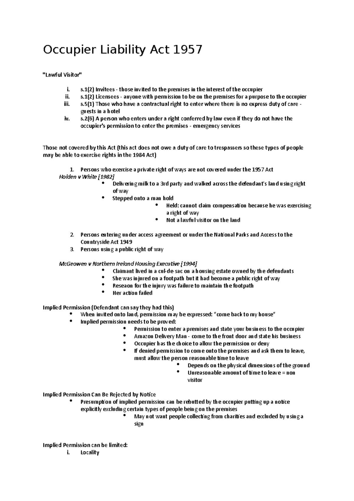 Lecture 7.1 Occupier Liability Act 1957 - Occupier Liability Act 1957 ...