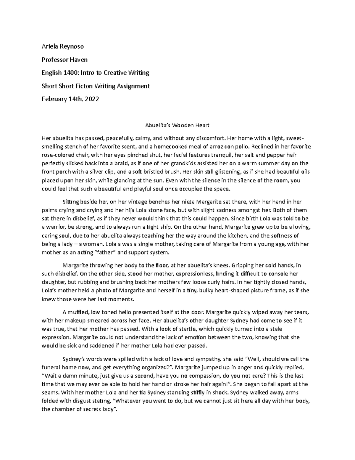 Short Short Ficton Writing Assignment - Ariela Reynoso Professor Haven ...
