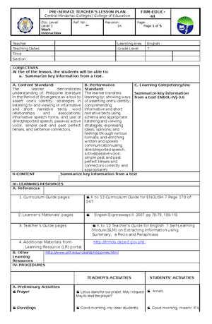 DLL- English-5 - NONE - Teacher Learning Area English Teaching Dates ...