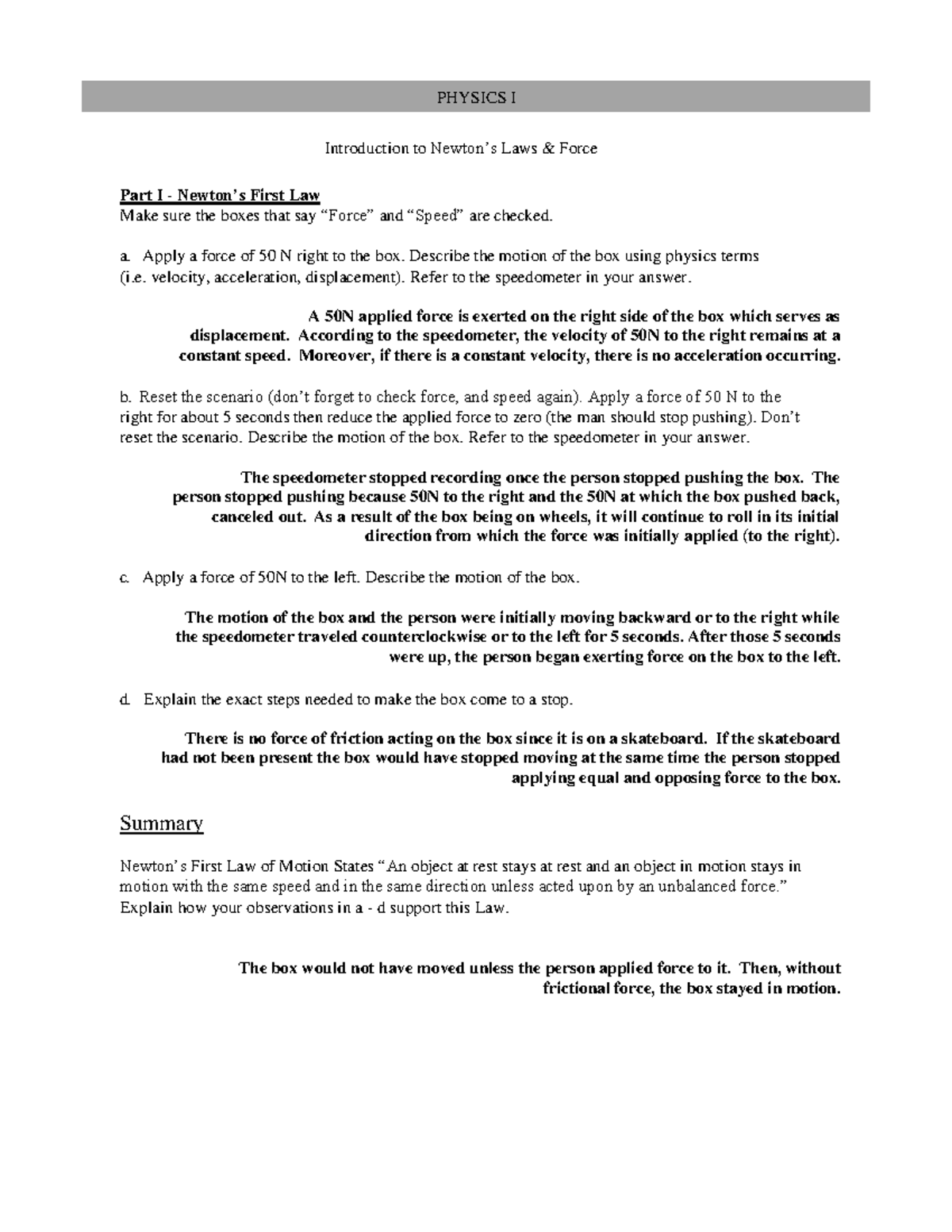 Newton's Laws Forces Lab - Introduction to Newton’s Laws & Force Part I ...