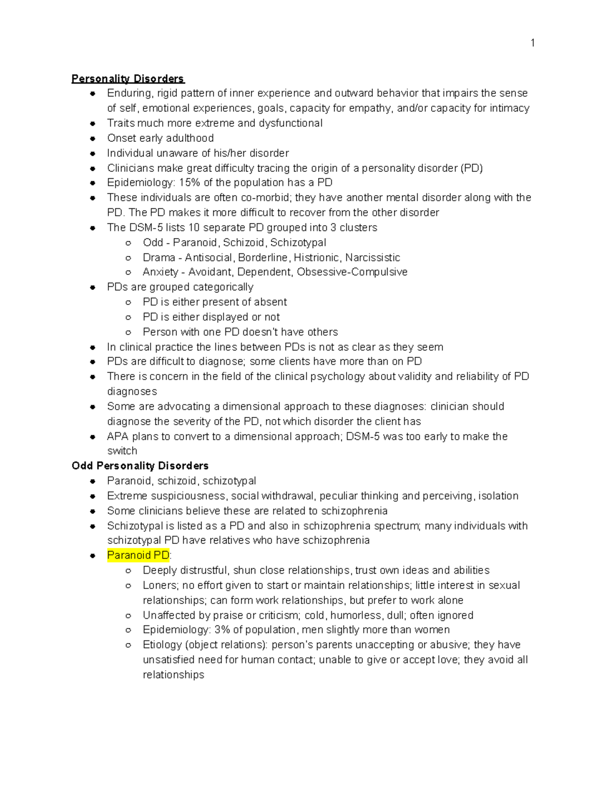 Personality Disorders Notes - Personality Disorders Enduring, rigid ...
