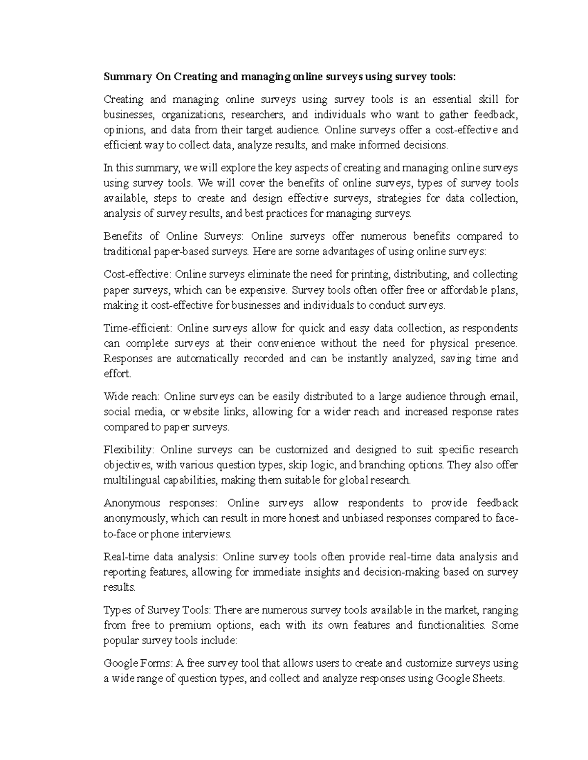 Summary On Creating and managing online surveys using survey tools ...