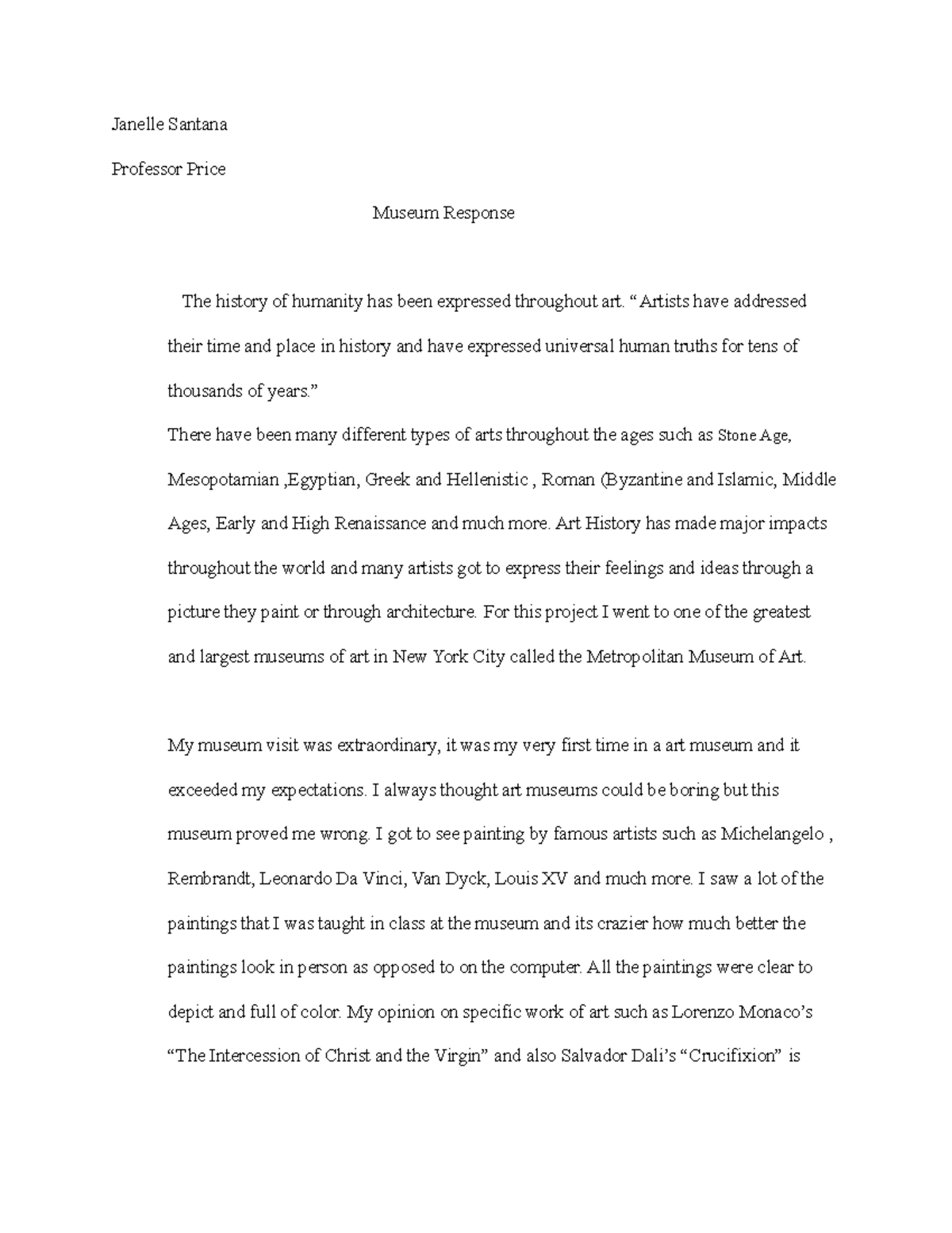 Art History Paper Museums - Janelle Santana Professor Price Museum ...