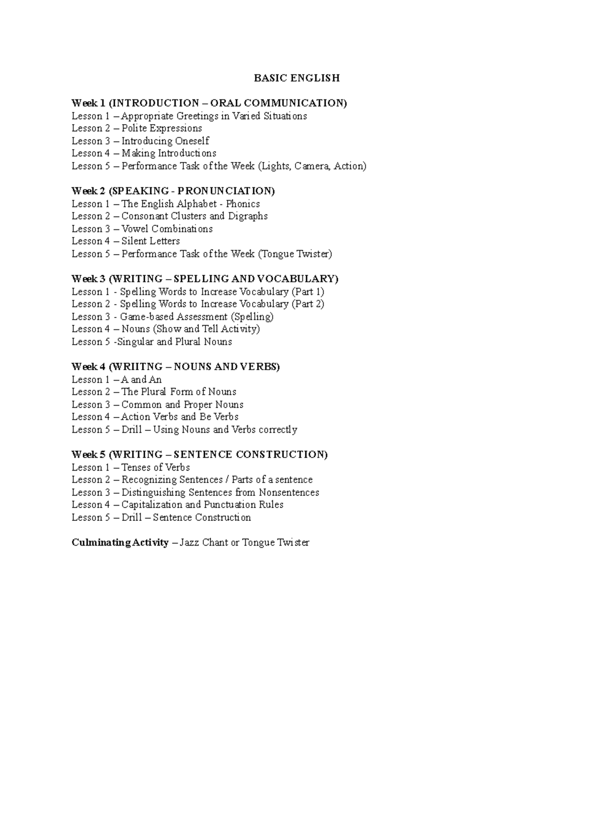 Basic English Lessons - BASIC ENGLISH Week 1 (INTRODUCTION – ORAL ...