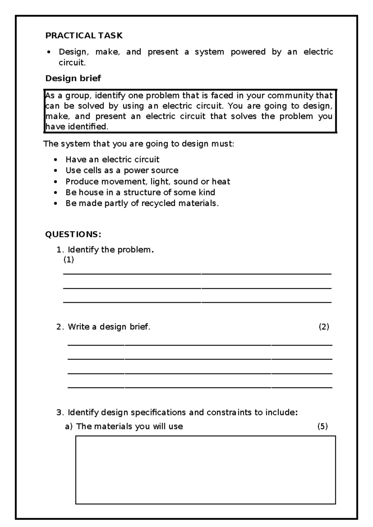 Practical TASK - PRACTICAL TASK Design, make, and present a system ...