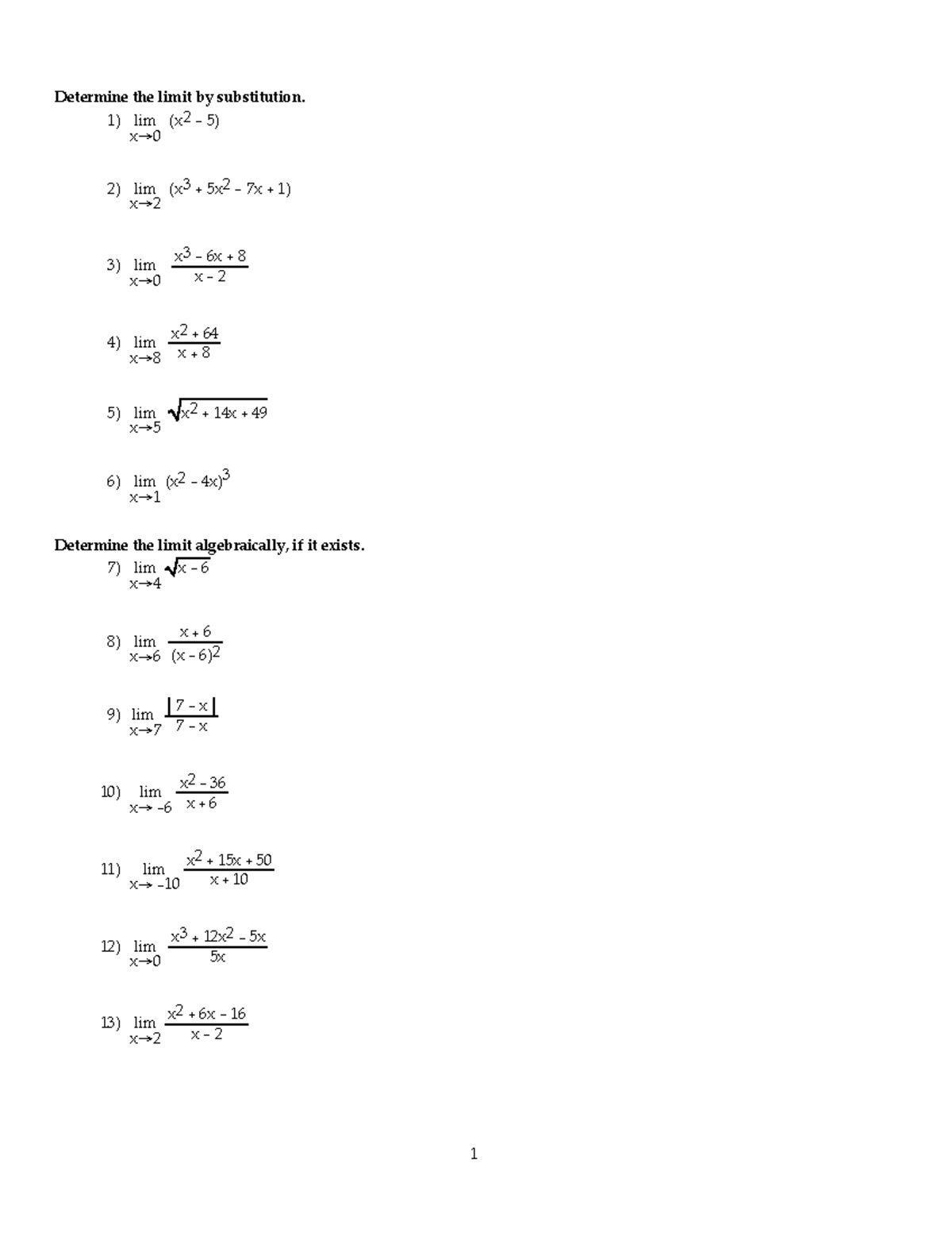 Calculus A Limits and Continuity Worksheet - Determine the limit by ...