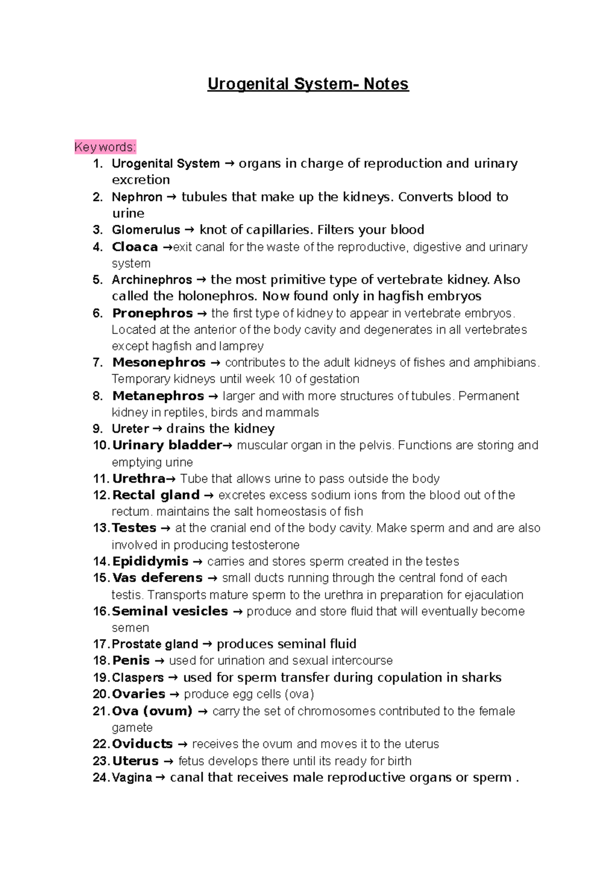 Urogenital System- Notes - Urogenital System → organs in charge of ...
