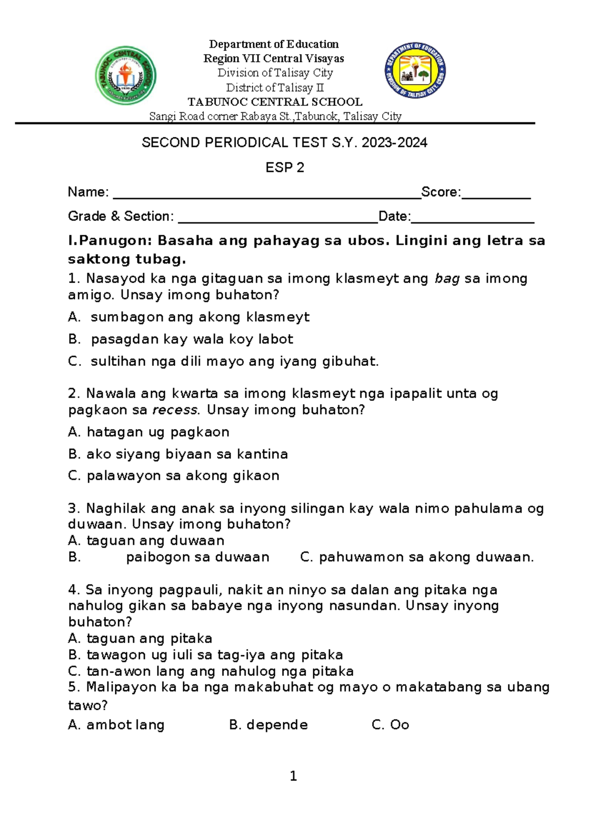 Second Periodical TEST ESP 2 Caballero - Department of Education Region ...