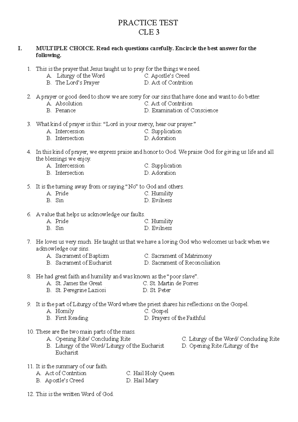 Practice TEST CLE - PRACTICE TEST CLE 3 I. MULTIPLE CHOICE. Read each ...
