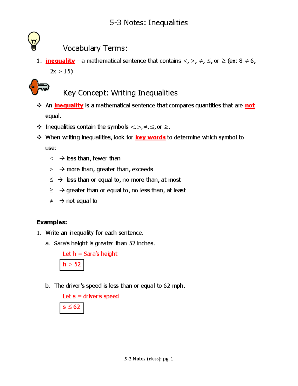 Inequality vocabulary term - 5-3 Notes (class): pg. 1 5-3 Notes ...