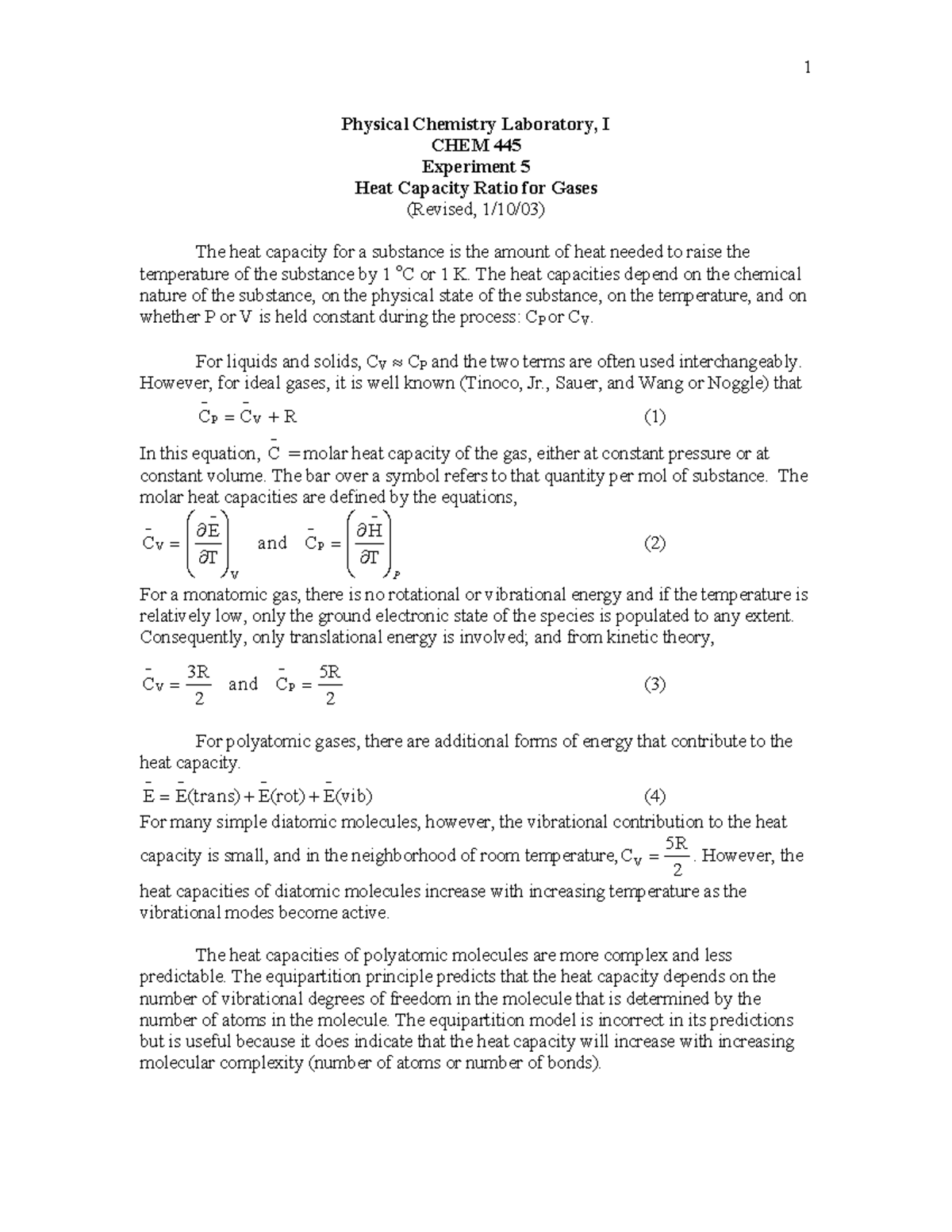 Exp5 - adiabatic expansion prac - Physical Chemistry Laboratory, I CHEM 445 Experiment 5 Heat ...