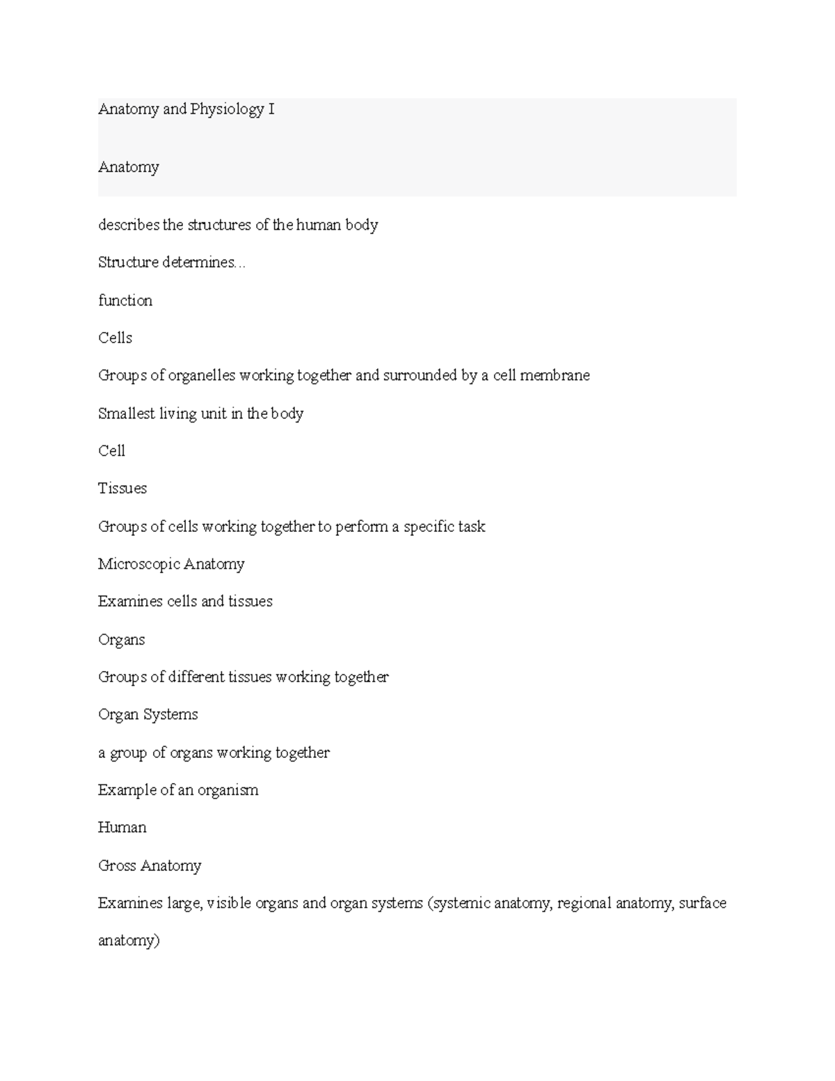 Anatomy and Physiology I - Anatomy and Physiology I Anatomy describes ...