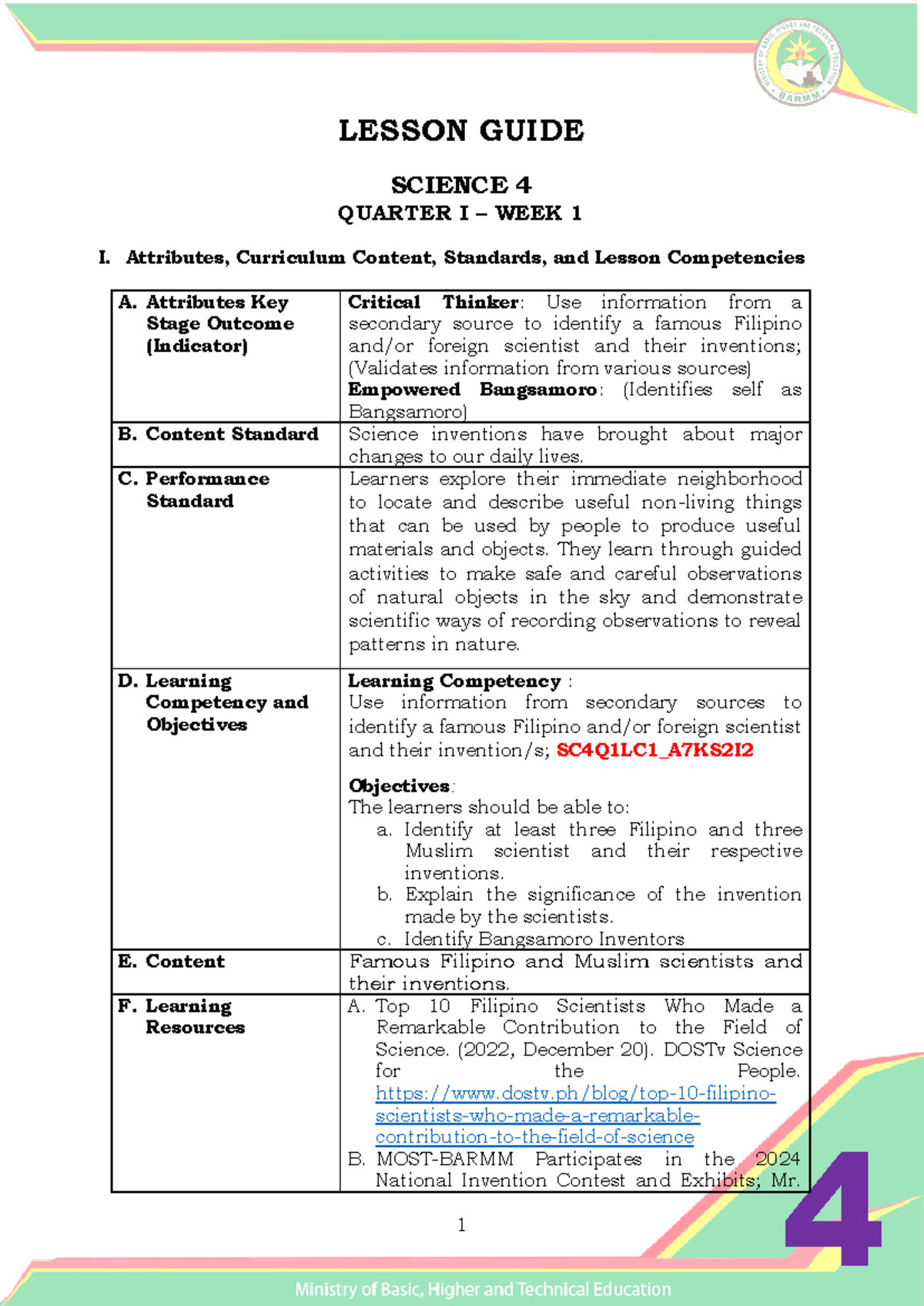 LG G4 sci Q1 W1 - NONE - 1 LESSON GUIDE SCIENCE 4 QUARTER I – WEEK 1 I ...