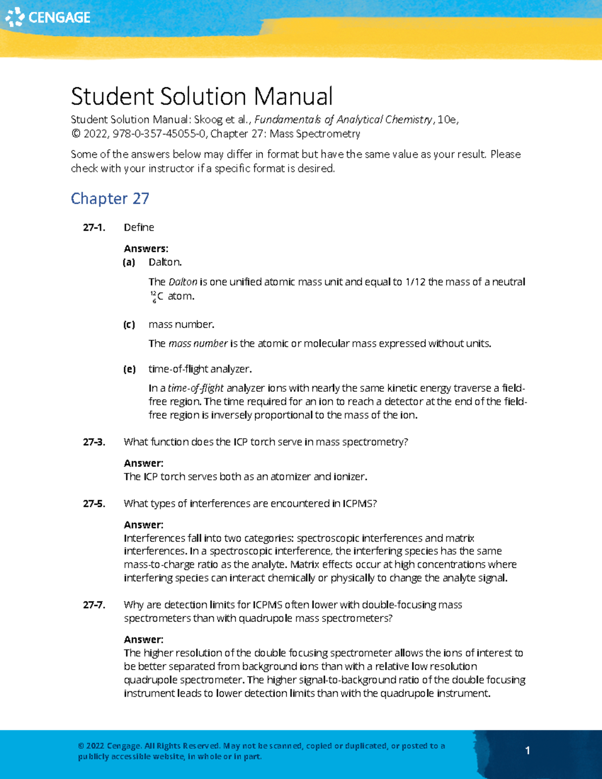 Skoog FAC 10e SSM Ch27 - ppt - © 2022 Cengage. All Rights Reserved. May not be scanned, copied ...