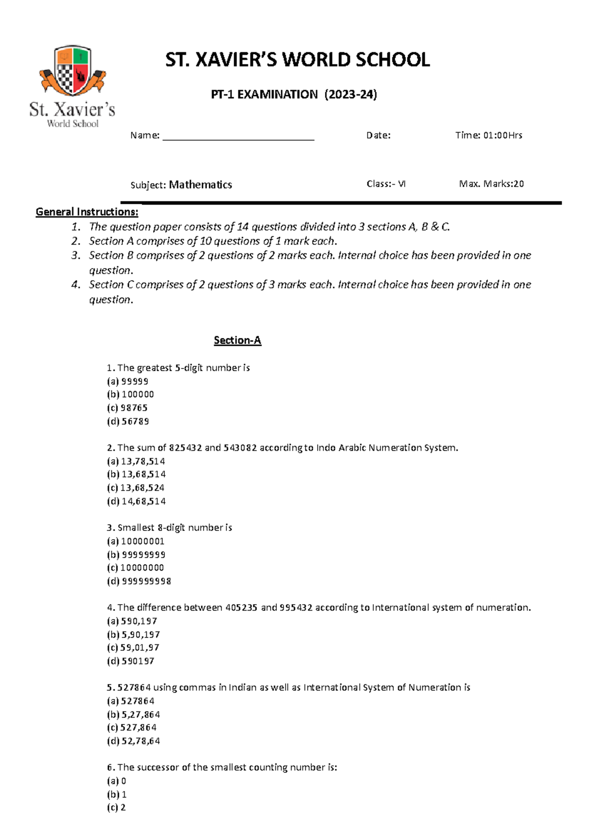 PT 1 Class 6 Maths - ST. XAVIER’S WORLD SCHOOL PT-1 EXAMINATION (2023 ...