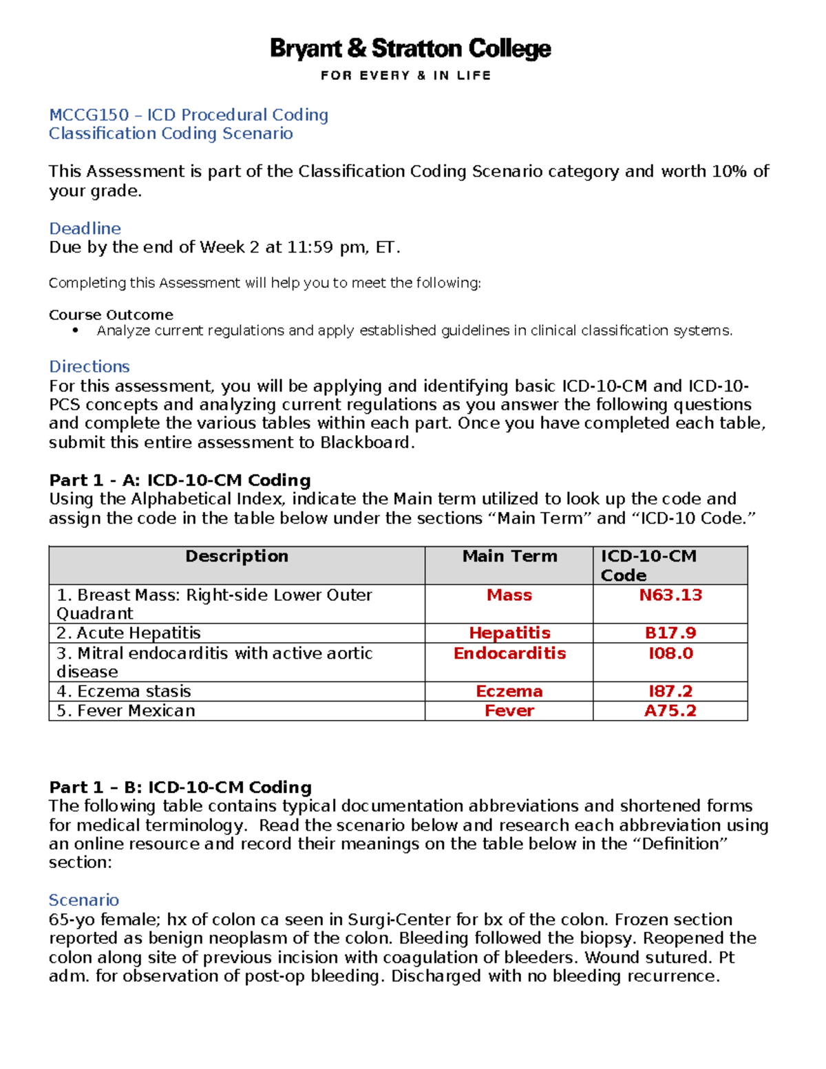 MCCG150 - Classification Coding Scenario 3 - MCCG150 – ICD Procedural ... MCCG150 - Classification Coding Scenario 3 - MCCG150 – ICD Procedural ...