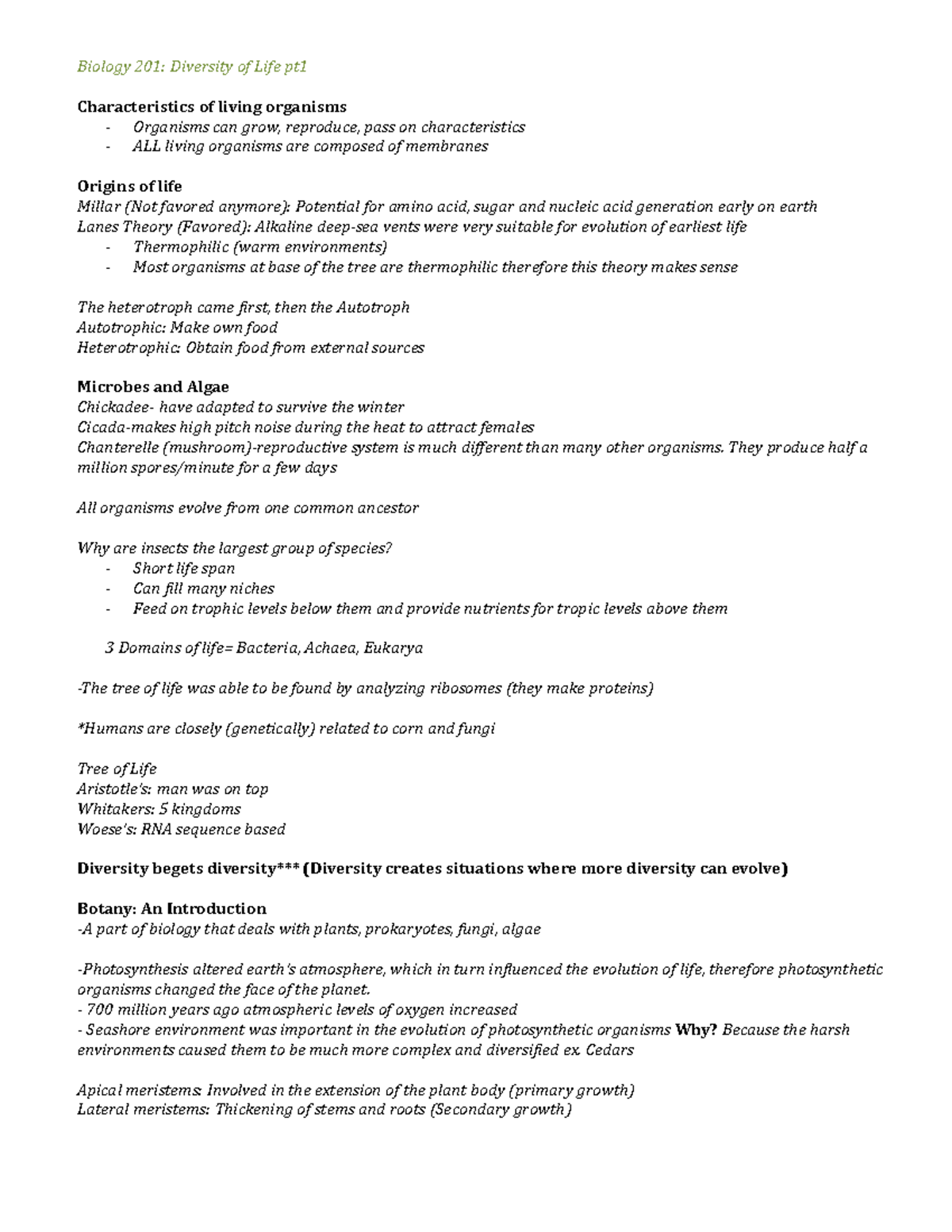 Diversity of Life I - Lecture notes - Biology 201 - Biology 201 ...