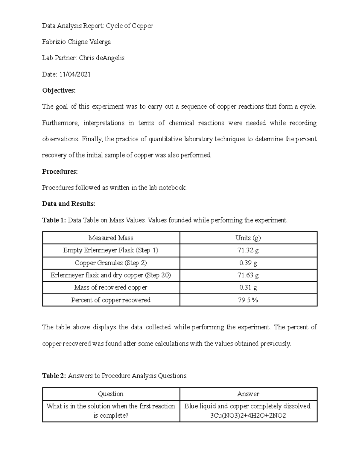 Lab 6 - Cycle of Copper Lab Report - Data Analysis Report: Cycle of ...