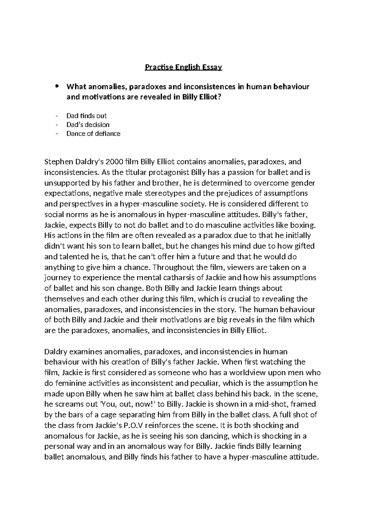 Billy Elliot Practice Essay - Practise English Essay What anomalies ...