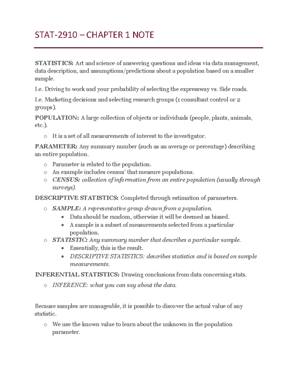 Statistics Note 1 and 2 - STAT-2910 – CHAPTER 1 NOTE STATISTICS: Art ...
