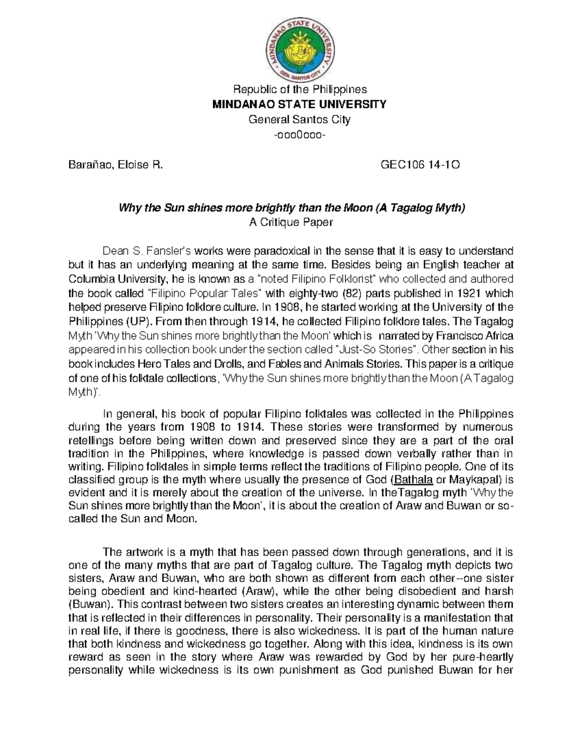 Art Critique (Critique Paper) in a Legend - Republic of the Philippines ...