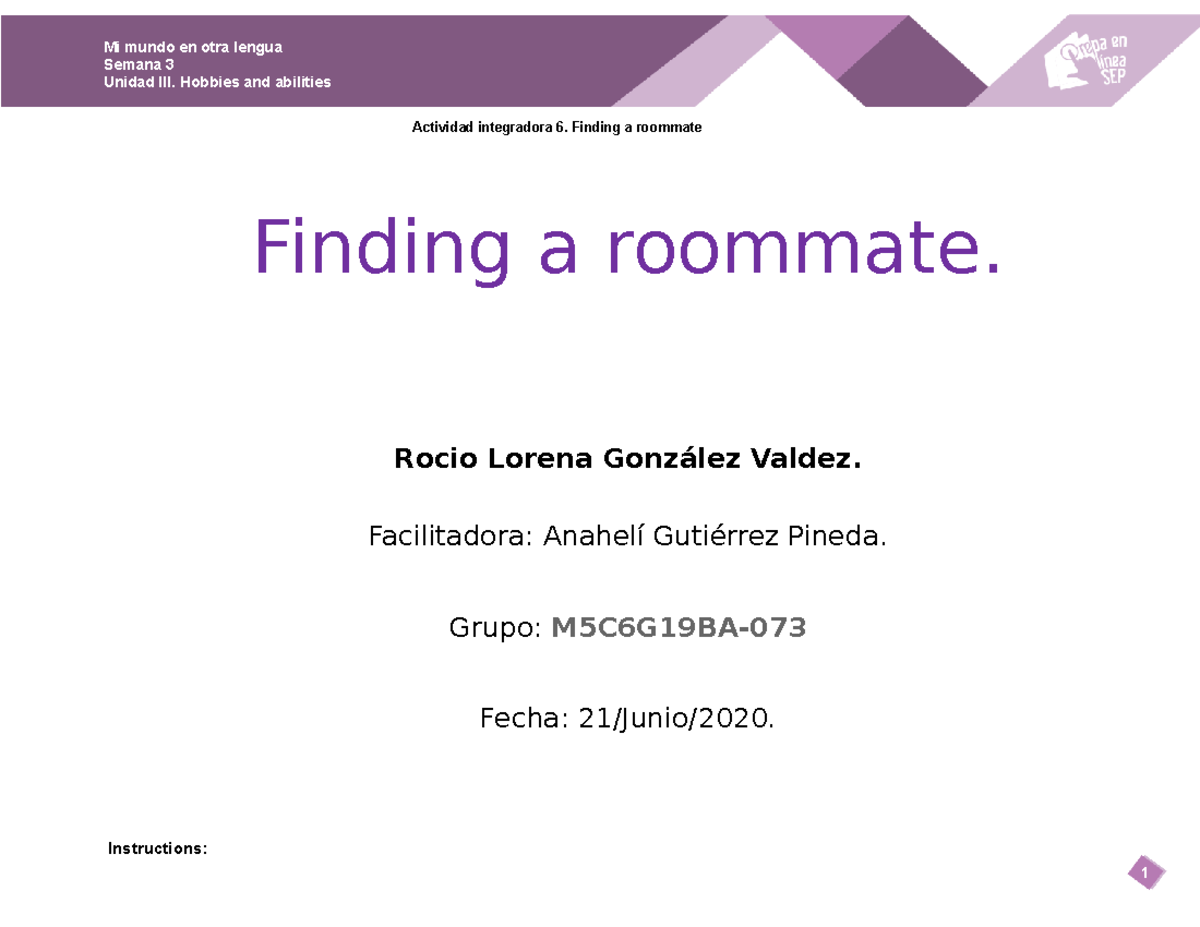 m0c5inglesmodulo6 - Finding a roommate. Rocio Lorena González Valdez ...