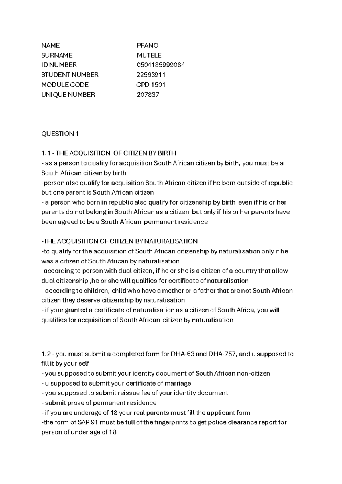 CPD 1501 - NAME PFANO SURNAME MUTELE ID NUMBER 0504185999084 STUDENT NUMBER 22563911 MODULE CODE ...