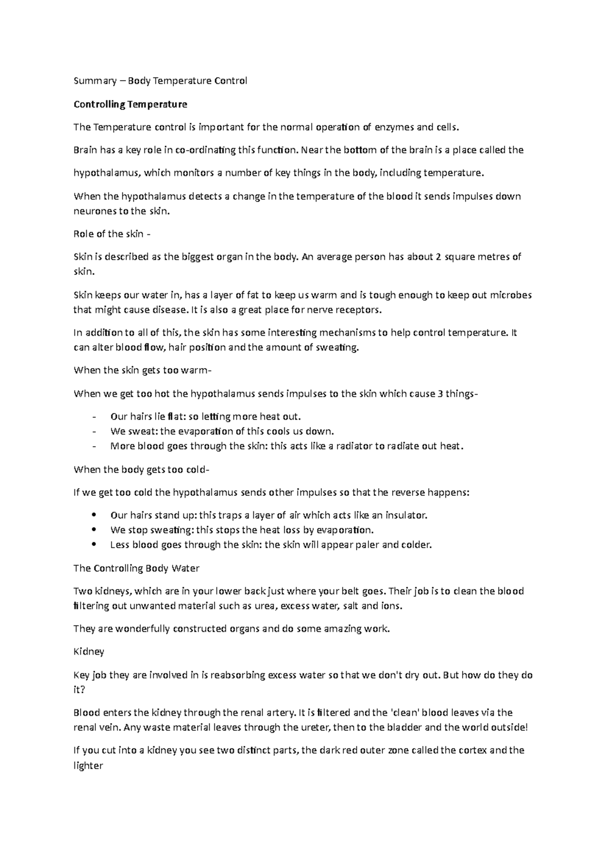 Summary - Control of body temperature - Summary – Body Temperature ...