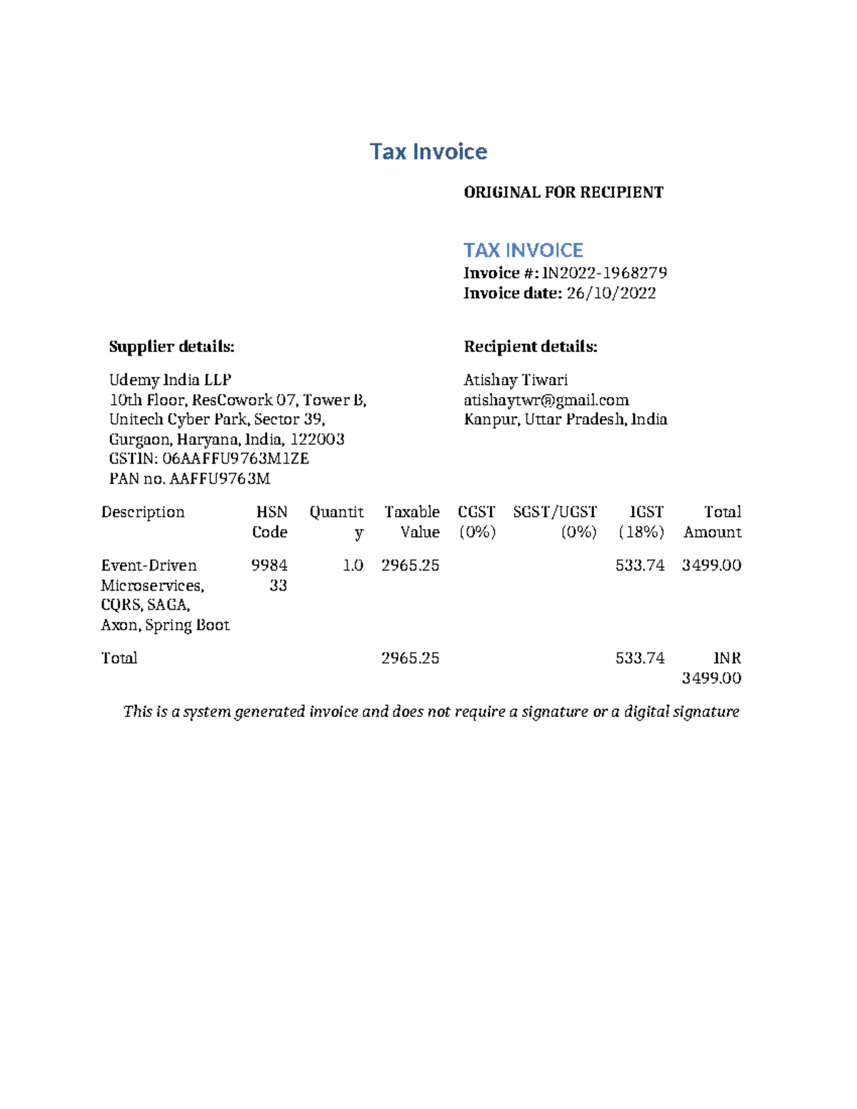 Udemy-Tax-Invoice - Tax Invoice ORIGINAL FOR RECIPIENT TAX INVOICE ...