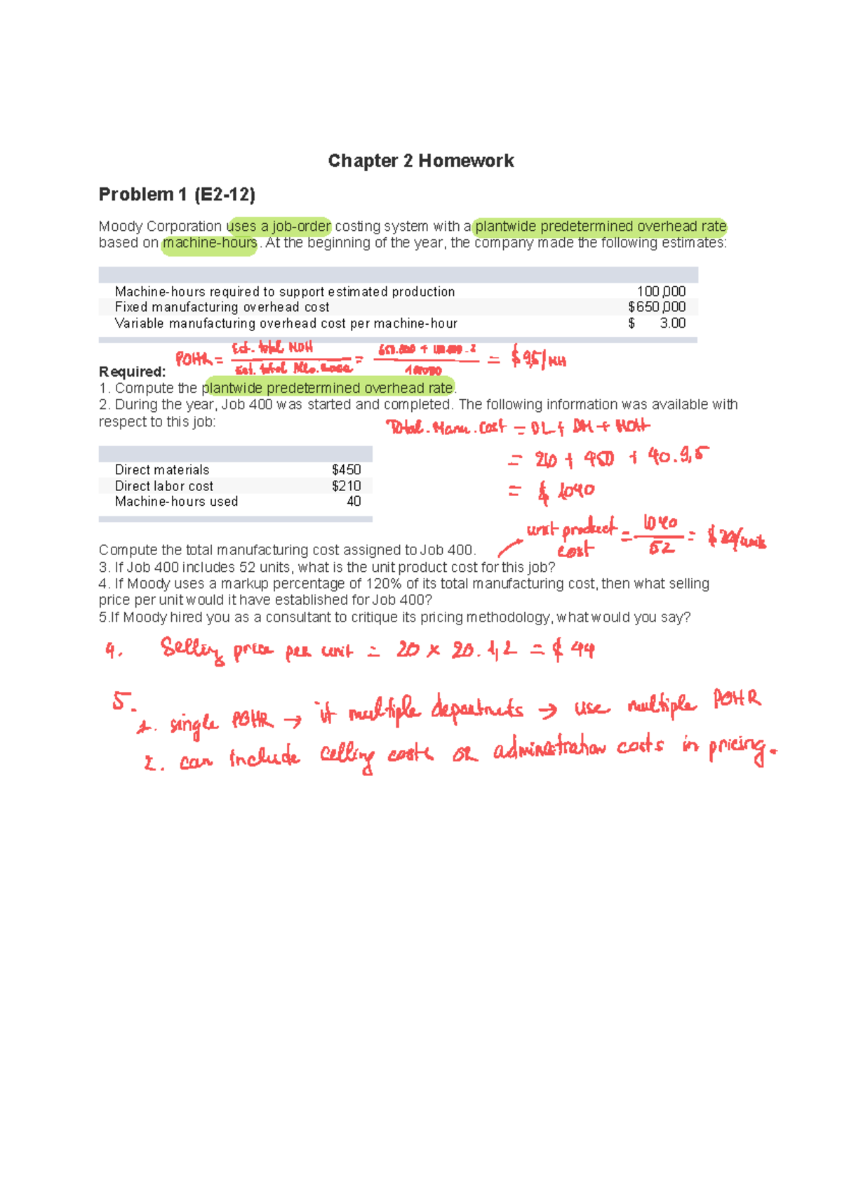 Chapter 2 homework - Chapter 2 Homework Problem 1 (E2-12) Moody ...
