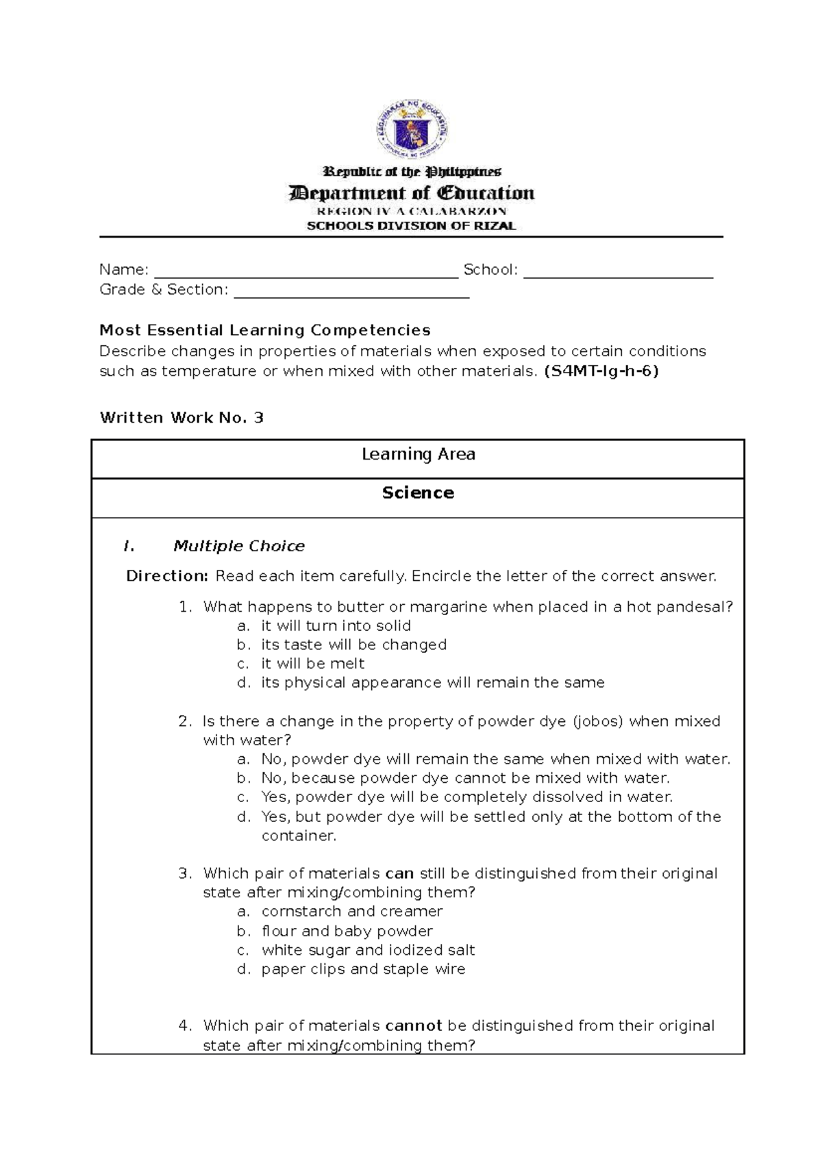 Grade 4 Q1 WW3 Science - Name ...
