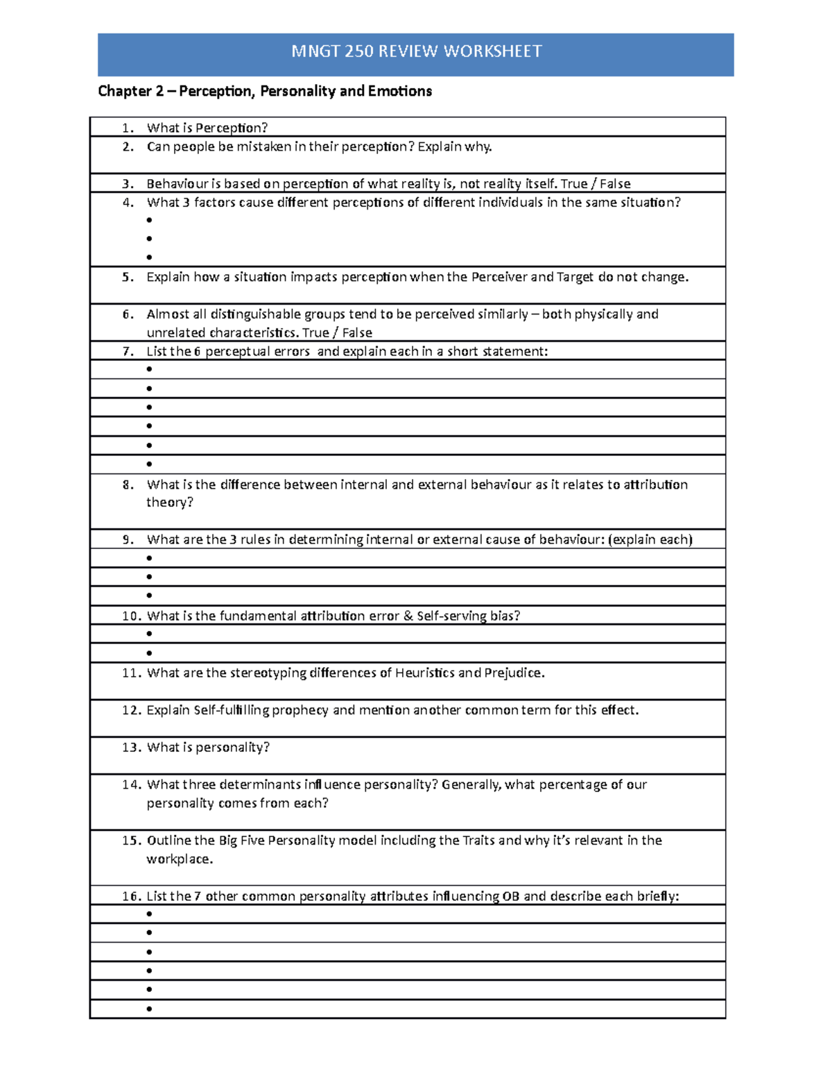 Chapter 2 Student Worksheet - MNGT 250 REVIEW WORKSHEET Chapter 2 ...
