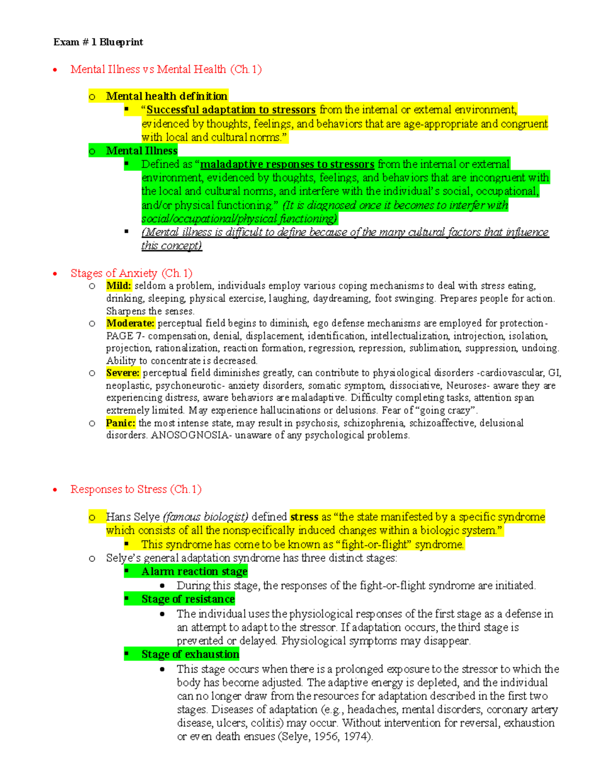 Exam 1 blueprint - Exam # 1 Blueprint Mental Illness vs Mental Health ...